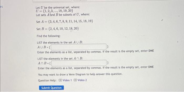 Solved Let U be the universal set, where: | Chegg.com