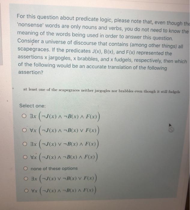 Solved For this question about predicate logic, please note | Chegg.com