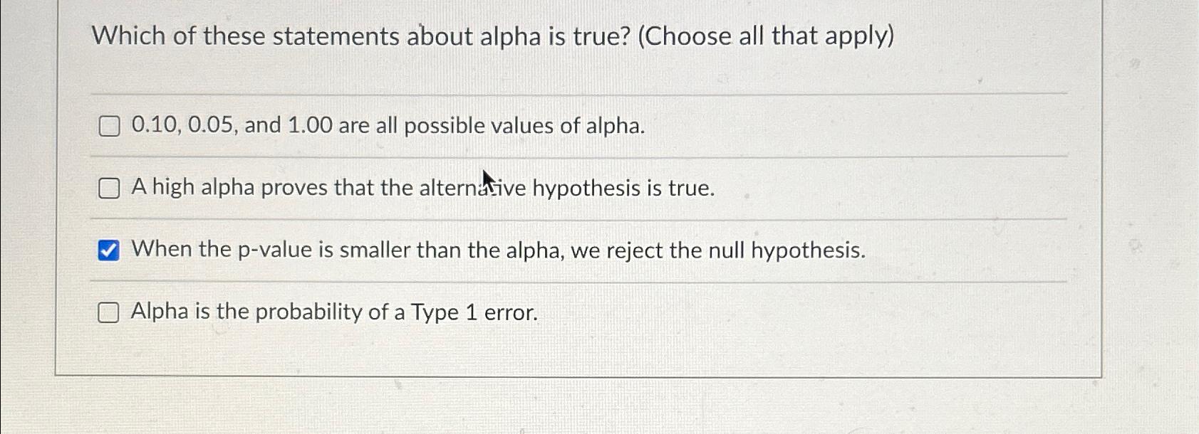 Solved Which of these statements about alpha is true? | Chegg.com
