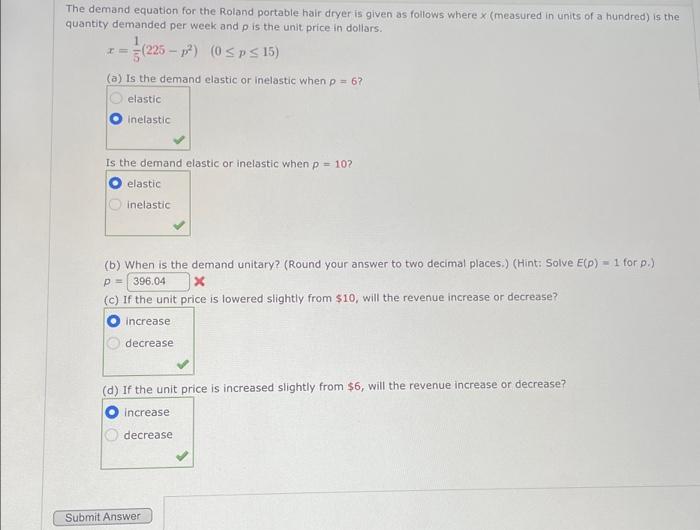 Solved The demand equation for the Roland portable hair | Chegg.com