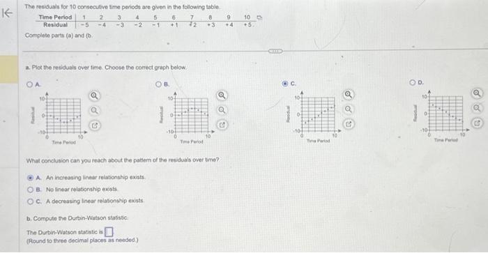 Solved a. Plot the residuals over time. Choose the correct | Chegg.com