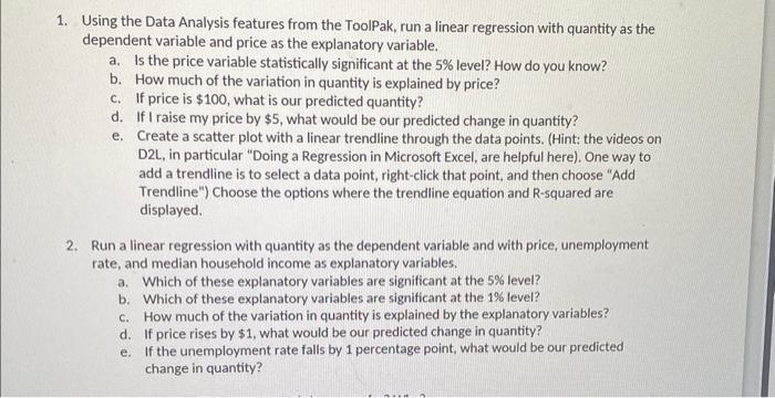Solved 1. Using the Data Analysis features from the ToolPak, | Chegg.com