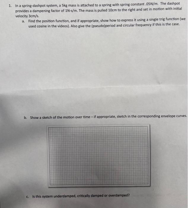 Solved 1. In a spring-dashpot system, a 5 kg mass is | Chegg.com