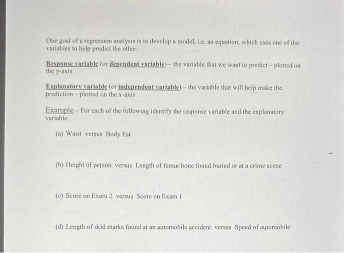 Solved One goal of a regression analysis is to develop a | Chegg.com