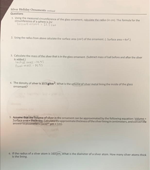 Solved Silver Holiday Ornaments continued Questions 1. Using | Chegg.com