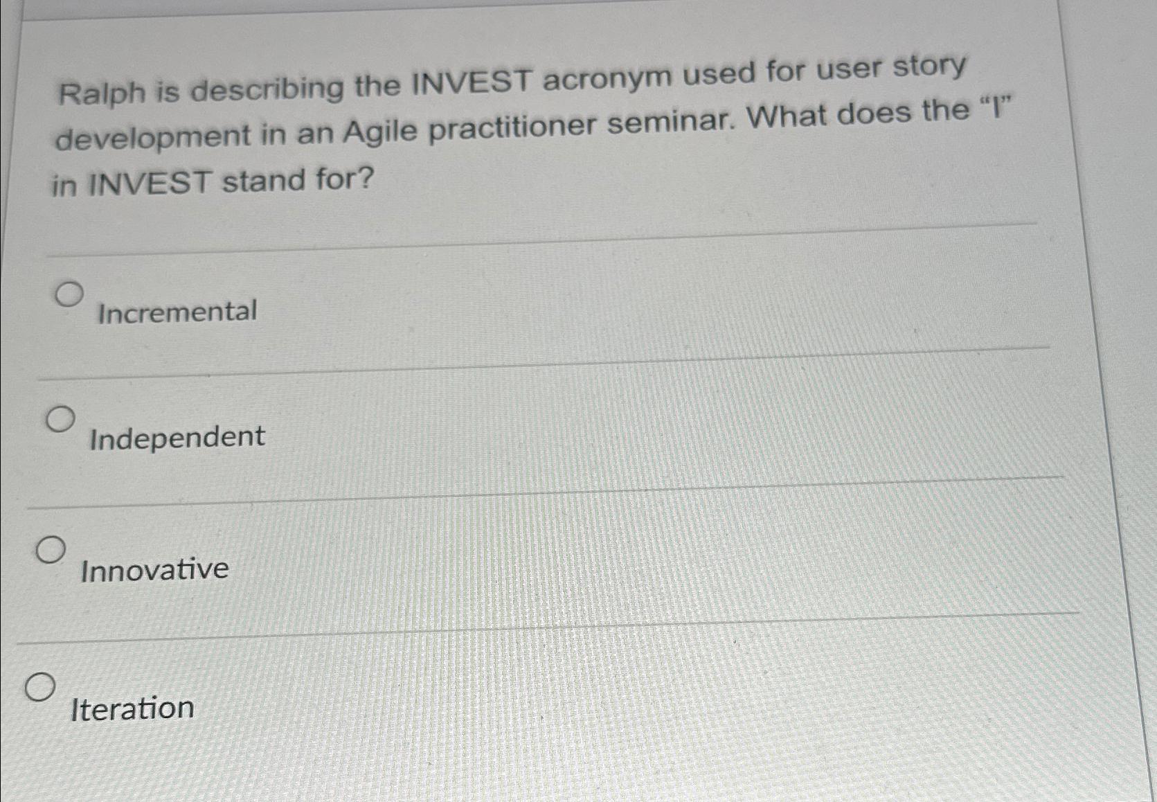 Solved Ralph is describing the INVEST acronym used for user | Chegg.com