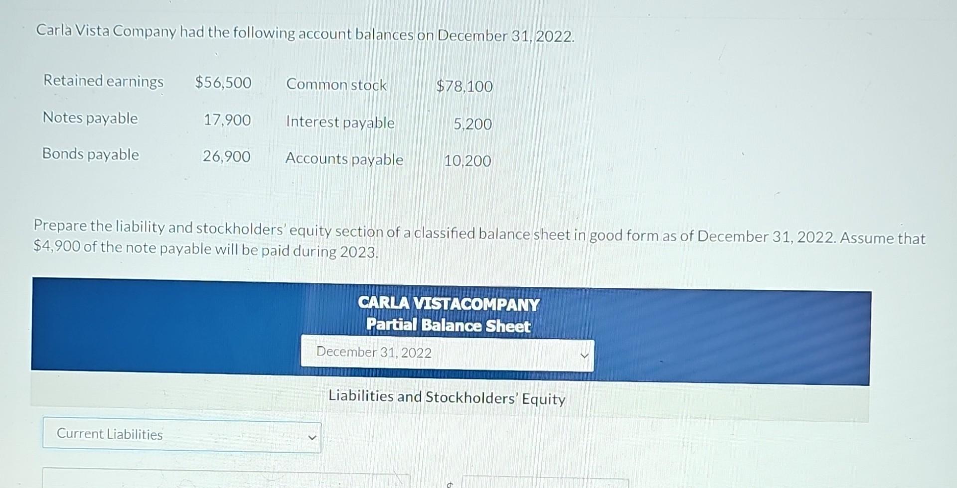 Solved Carla Vista Company had the following account | Chegg.com