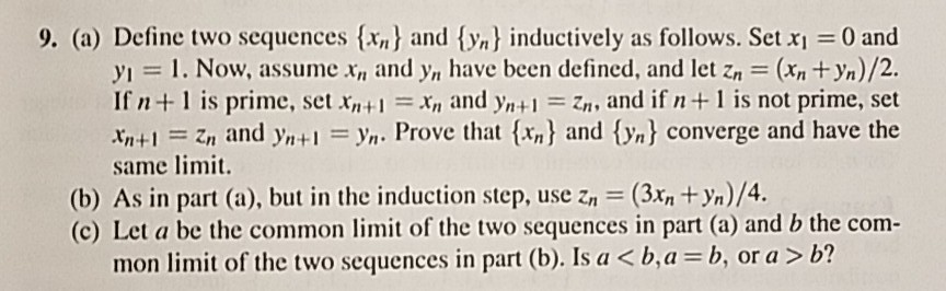 Solved 9. (a) Define two sequences {{n} and {yn} inductively | Chegg.com