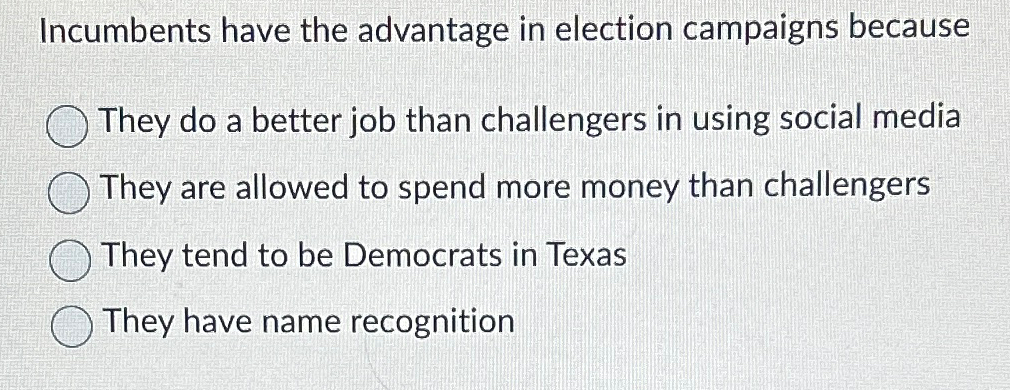 Solved Incumbents have the advantage in election campaigns | Chegg.com