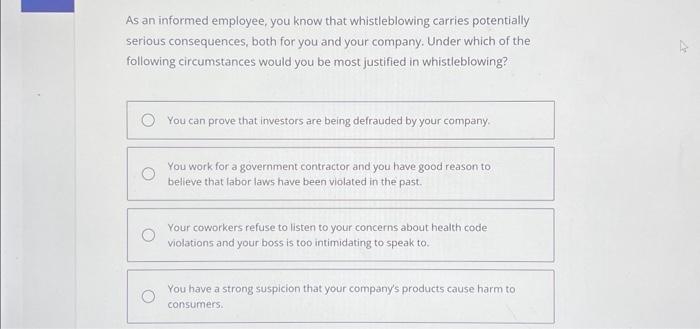 Solved As an informed employee, you know that whistleblowing | Chegg.com