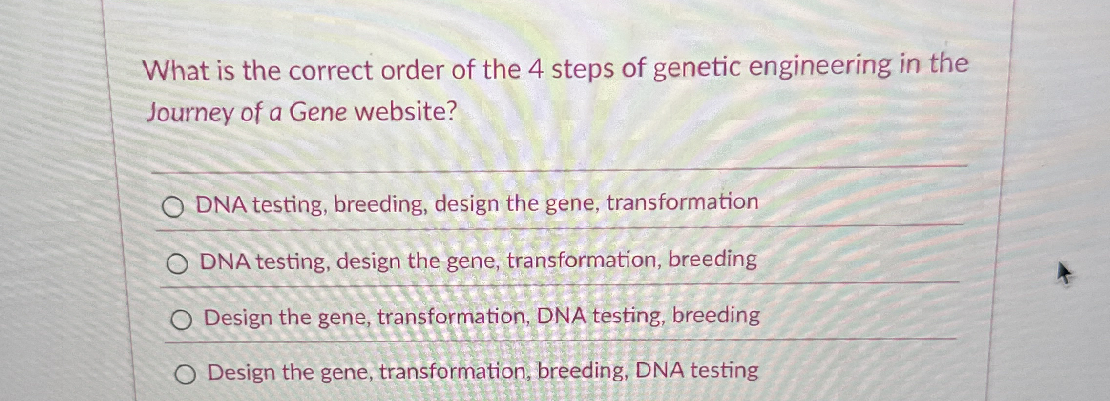 Solved What is the correct order of the 4 ﻿steps of genetic | Chegg.com