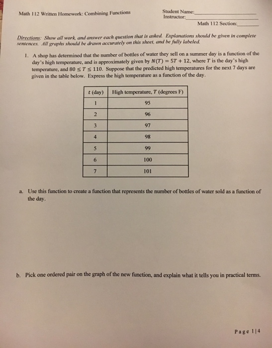 Solved Math 112 Written Homework: Combining Functions | Chegg.com