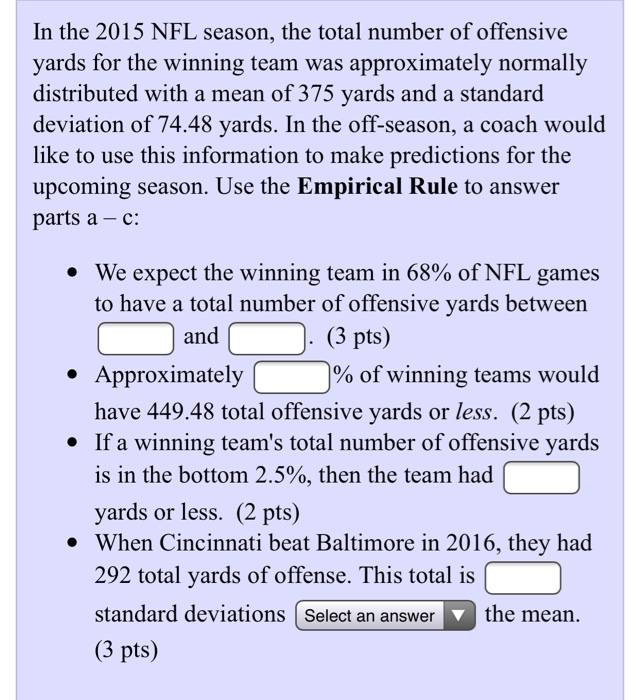 Solved In the 2015 NFL season, the total number of offensive | Chegg.com