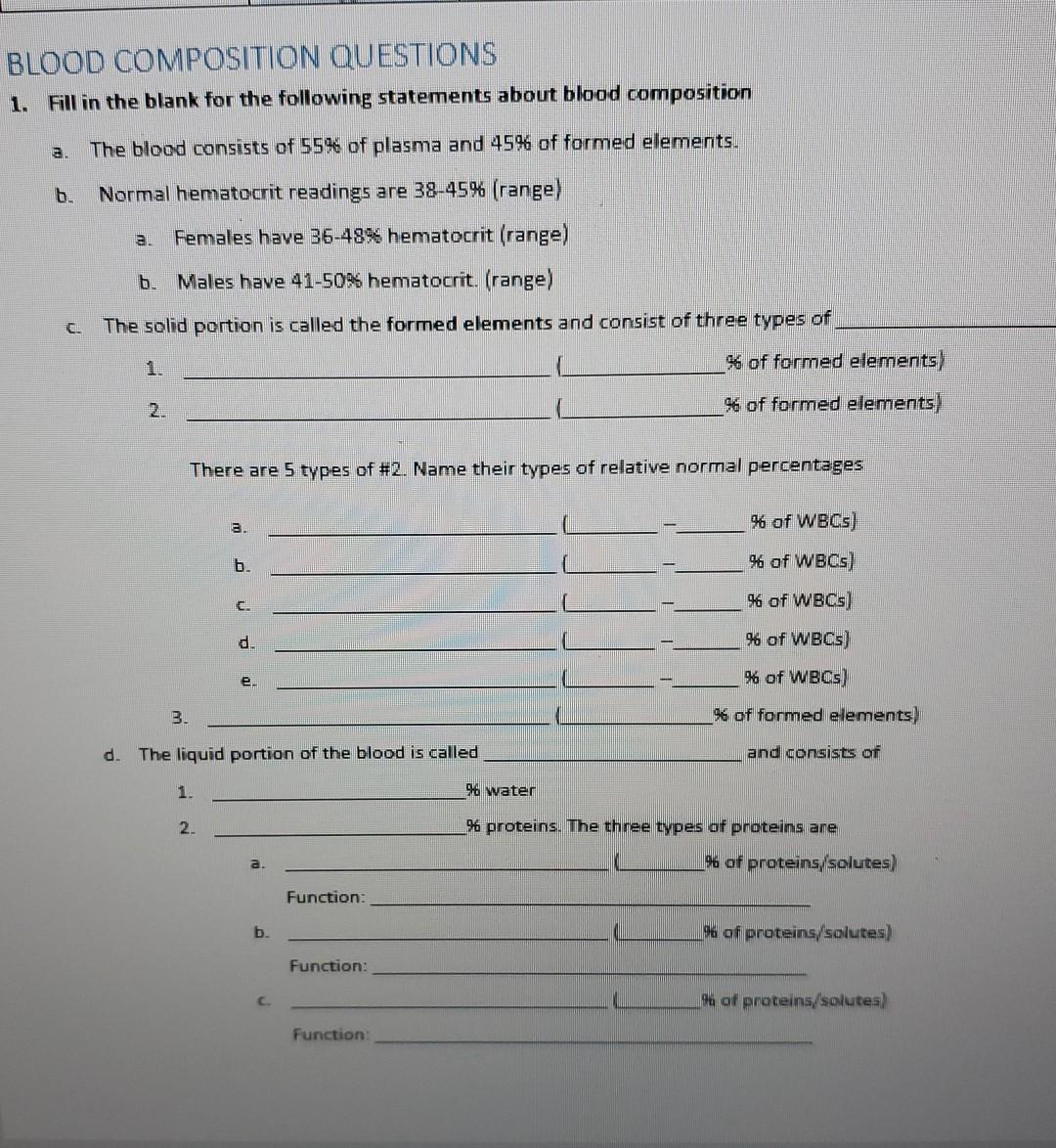 Solved BLOOD COMPOSITION QUESTIONS 1. Fill in the blank for | Chegg.com