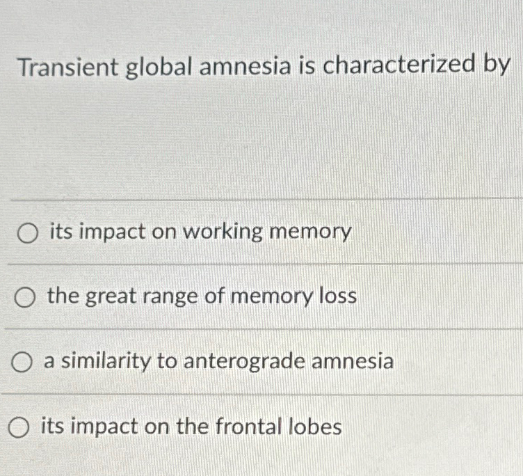 Solved Transient global amnesia is characterized byits | Chegg.com