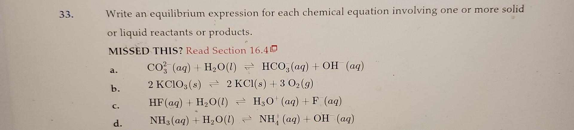 Solved Write an equilibrium expression for each chemical | Chegg.com