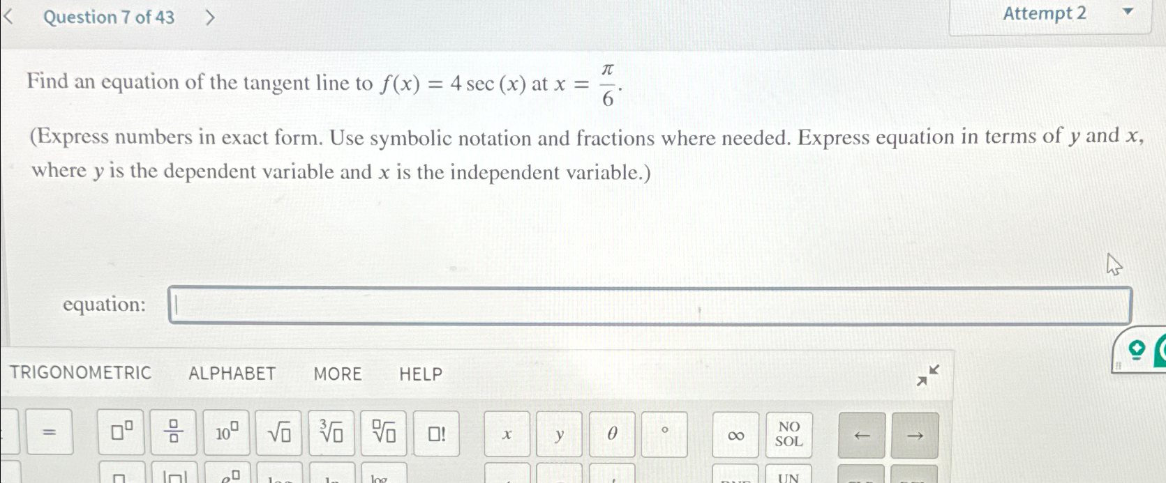 Solved Question 7 ﻿of 43Find an equation of the tangent line | Chegg.com