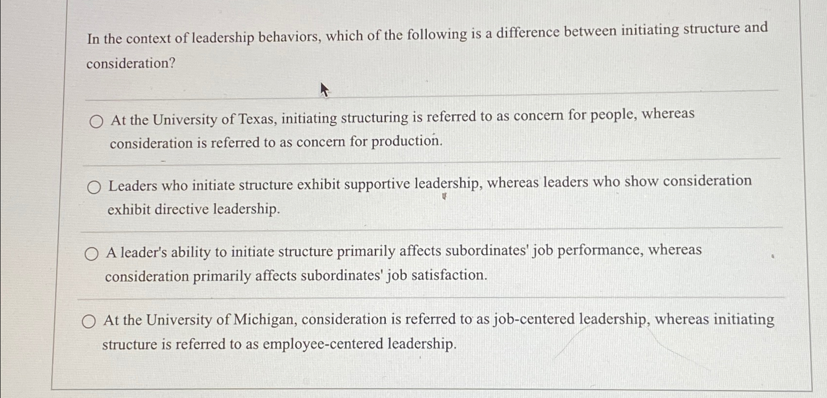 Solved In the context of leadership behaviors, which of the | Chegg.com