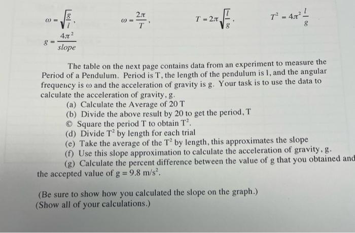 Solved ω=lg,ω=T2π,T=2πgl,T2=4π2gl g= slope 4π2 The table on | Chegg.com