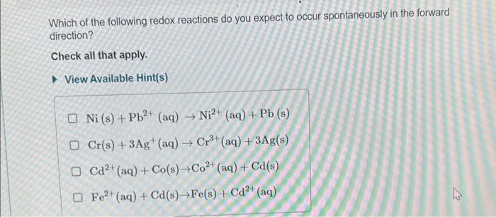 Solved Which of the following redox reactions do you expect | Chegg.com