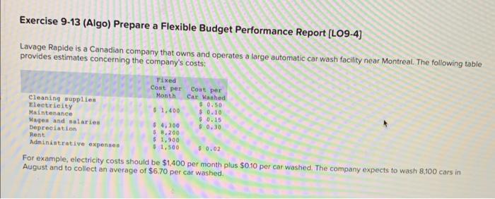 Solved Exercise 9-13 (Algo) Prepare a Flexible Budget | Chegg.com