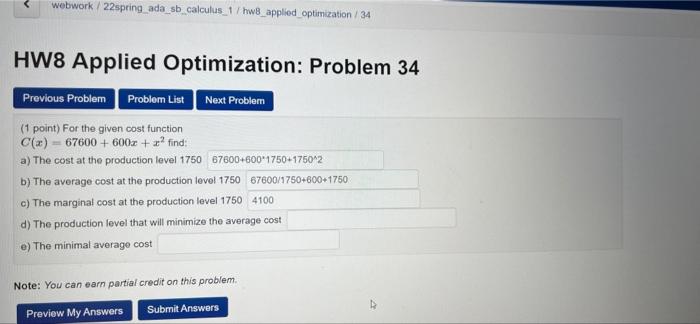 Solved webwork / 22spring_ada_sb_calculus_1/ hw8_applied | Chegg.com