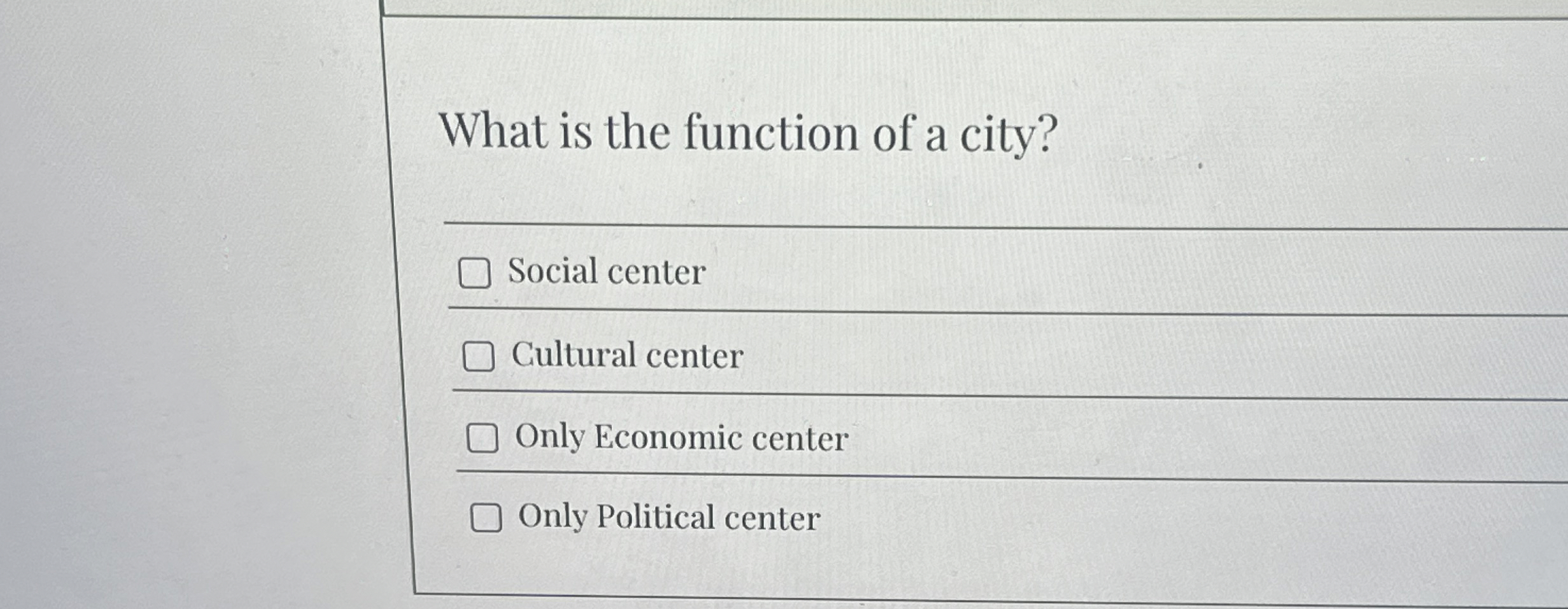 Solved What is the function of a city?Social centerCultural | Chegg.com