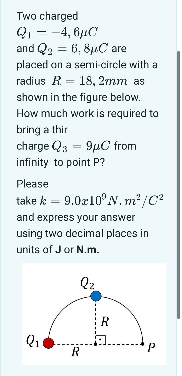 Solved Two chargedQ1=-4,6μCand Q2=6,8μC ﻿are placed on a | Chegg.com