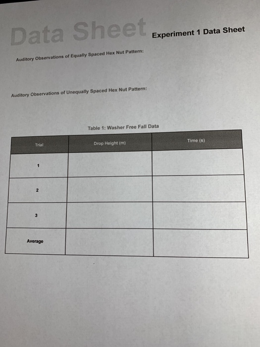 Data Sheet Experiment 1 Data Sheet Auditory | Chegg.com
