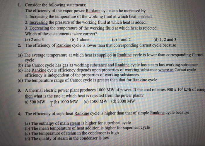 Solved 1. Consider the following statements: The efficiency | Chegg.com