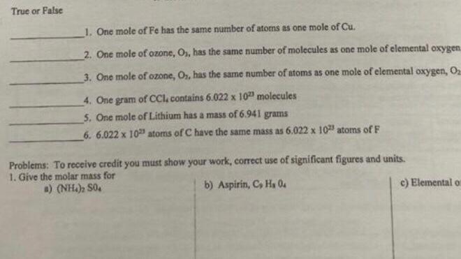 Solved True or False 1. One mole of Fe has the same number | Chegg.com