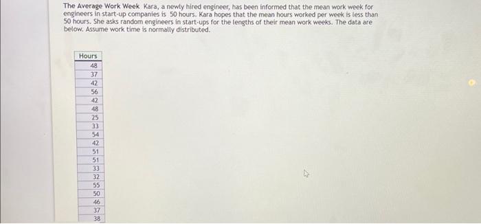 Solved The Average Work Week Kara, a newly hired engineer, | Chegg.com