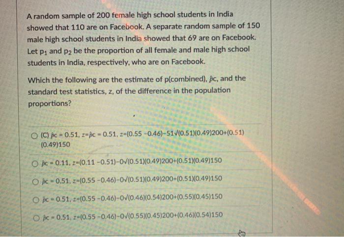 Solved A random sample of 200 female high school students in | Chegg.com