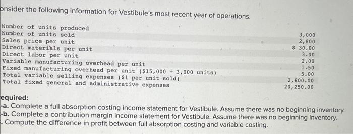 Solved a. Complete a full absorption costing income | Chegg.com