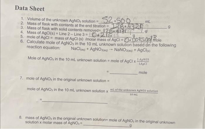 Solved 1. Volume of the unknown AgNO3 solution =52.500 mL 2. | Chegg.com