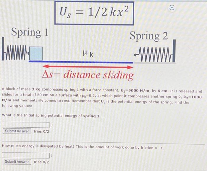 Solved A block of mass 3 kg compresses spring 1 with a force | Chegg.com