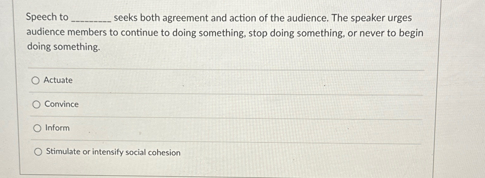 Solved Speech to ﻿seeks both agreement and action of the | Chegg.com