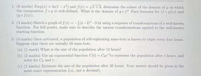 Solved 1. (6 marks) Forg(x) = ln(1-x²) and f(x)=√x+3, | Chegg.com