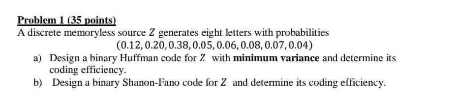Solved Problem 1 (35 points) A discrete memoryless source Z | Chegg.com