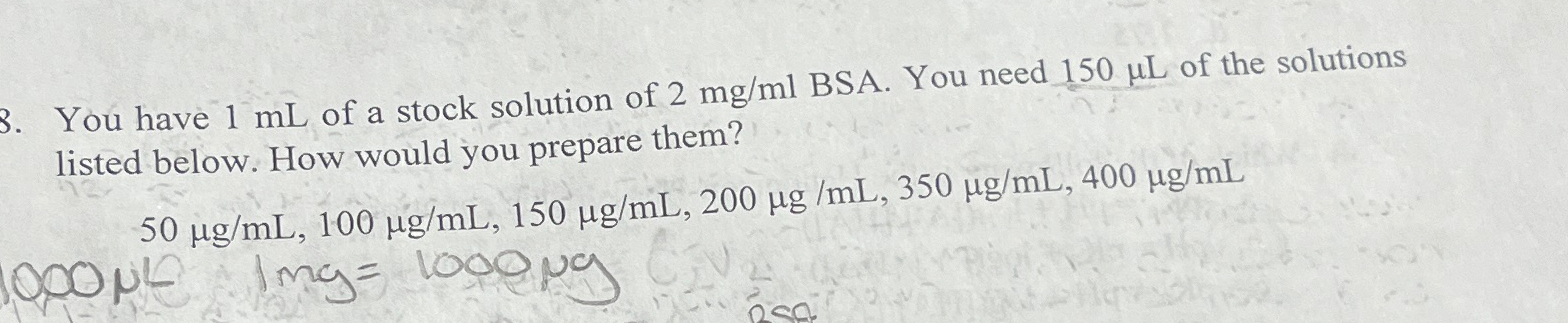 Solved You have 1mL ﻿of a stock solution of 2mgmlBSA. You | Chegg.com