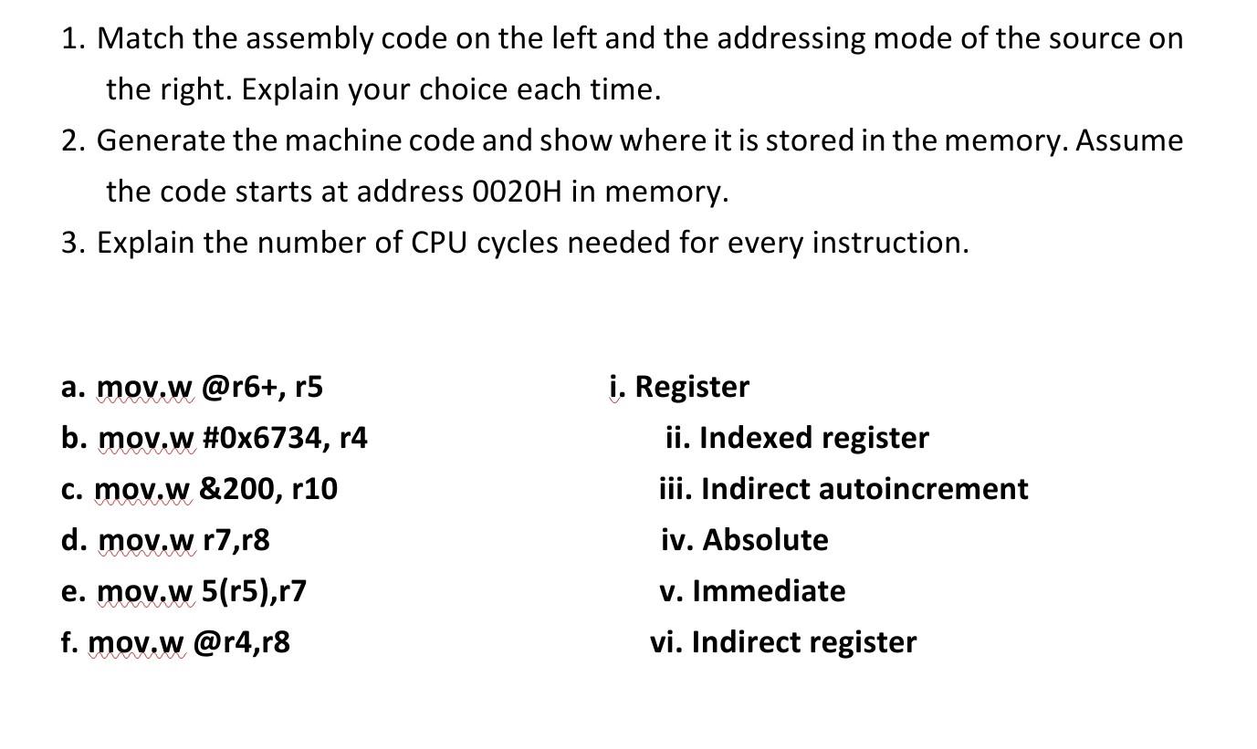 Solved 1. Match the assembly code on the left and the | Chegg.com