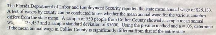 Solved The Florida Department of Labor and Employment | Chegg.com