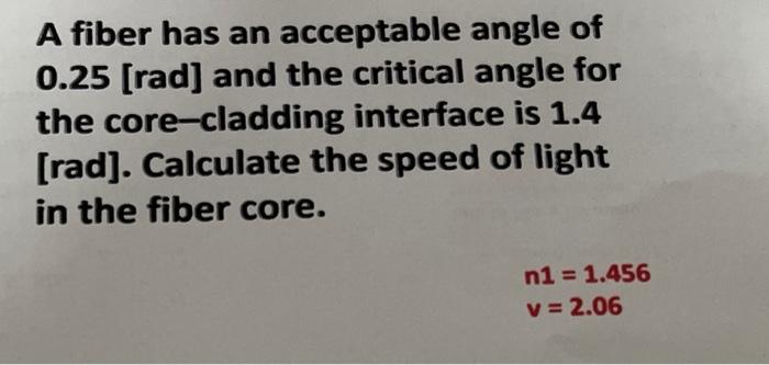 Solved A fiber has an acceptable angle of 0.25 [rad] and the | Chegg.com
