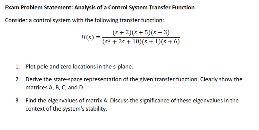 Exam Problem Statement: Analysis of a Control System | Chegg.com