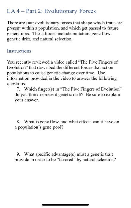 Solved LA 4 - Part 2: Evolutionary Forces There are four | Chegg.com