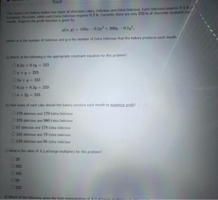 Solved The Bakery makes two types of chocolate cakes, | Chegg.com