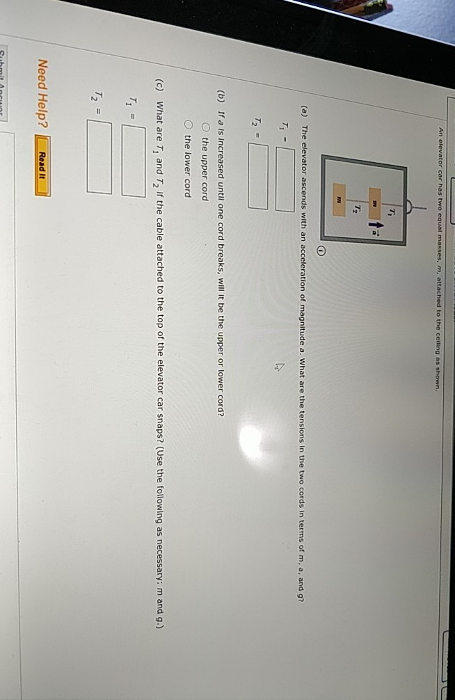 Solved An elevator car has two equal masses, m, attached to | Chegg.com