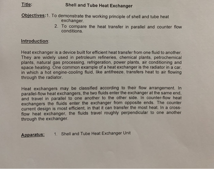 Solved Title: Shell and Tube Heat Exchanger Objectives: 1. | Chegg.com