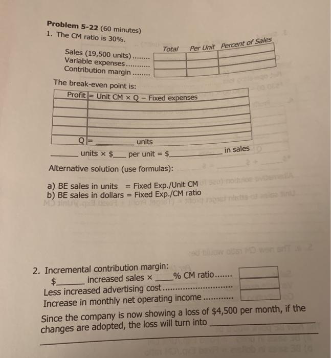Solved PROBLEM 5-22 CVP Applications: Contribution Margin | Chegg.com