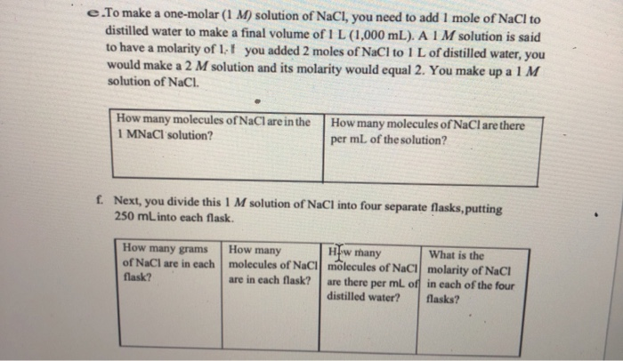 Solved e.To make a one-molar (1 M) solution of NaCl, you | Chegg.com